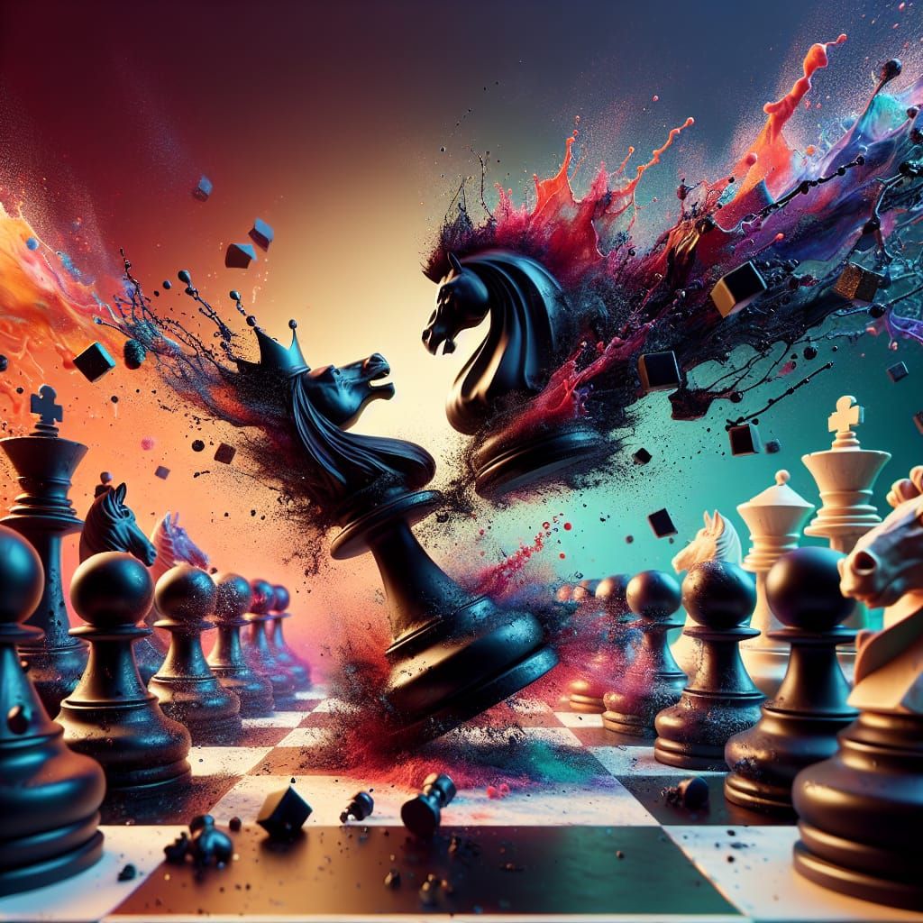 The image is of a living chess board. The Black Rook chess piece slams ...