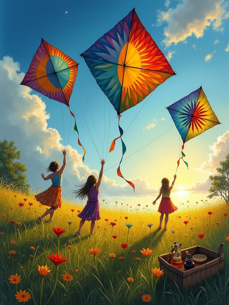 Kite fliers - Vibrant Kite Flyers in a Sunny Meadow