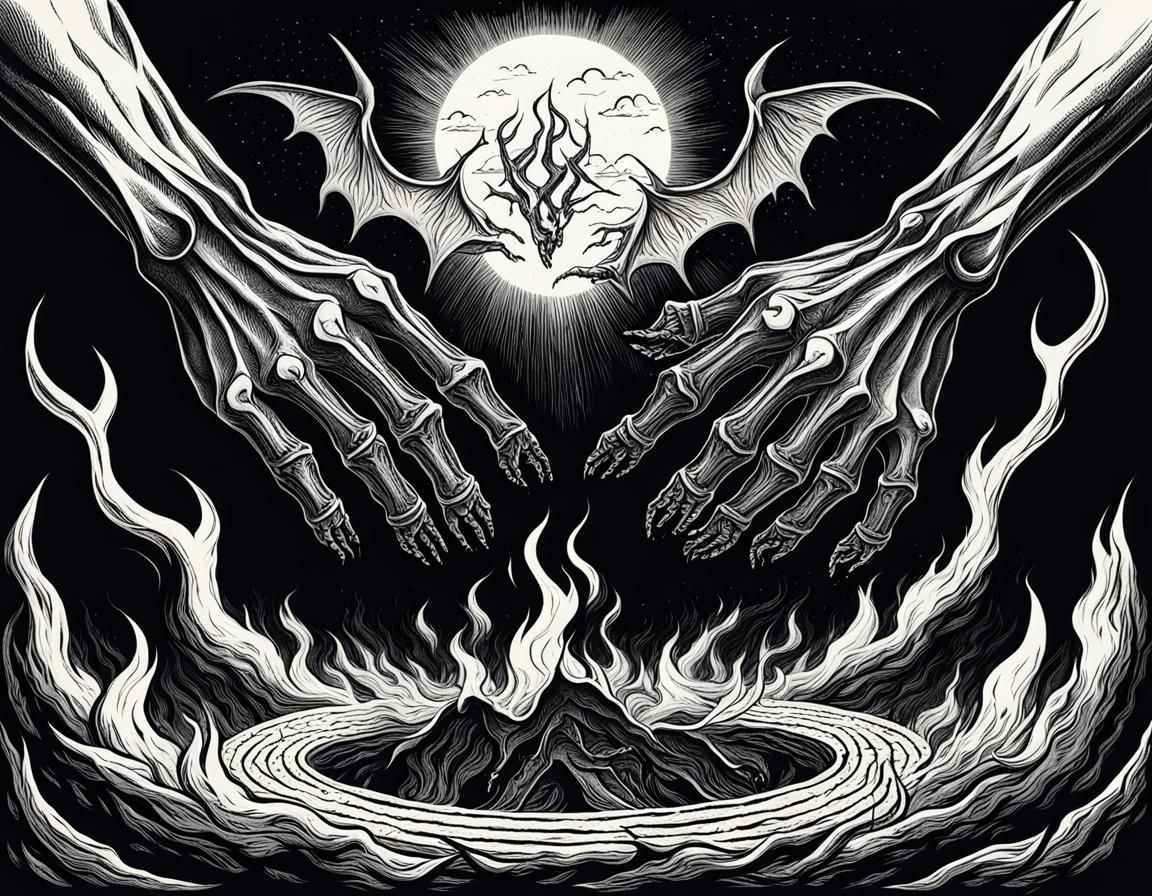 The devil's hands, grasping heaven pulling it downwards into a burning ...