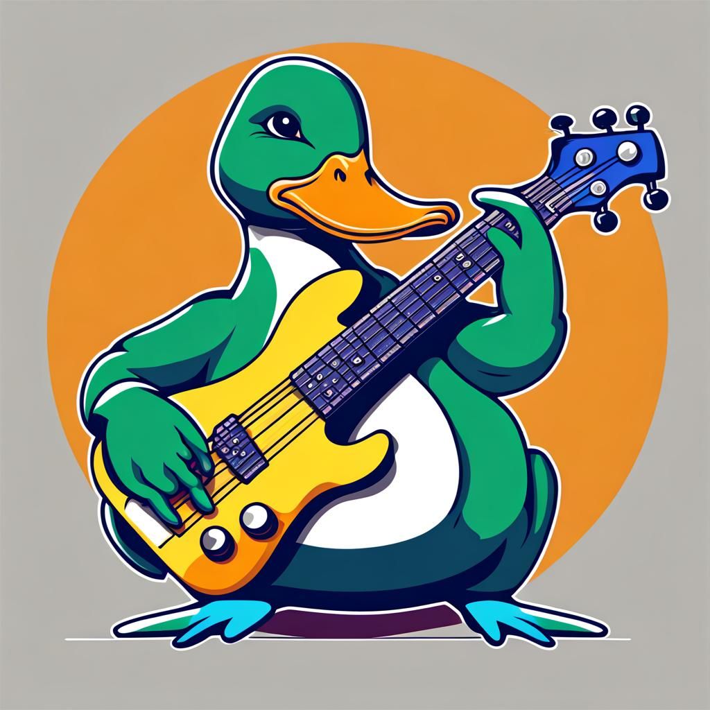 cartoon mallard duck playing a 5 string bass guitar - AI Generated Artwork - NightCafe Creator