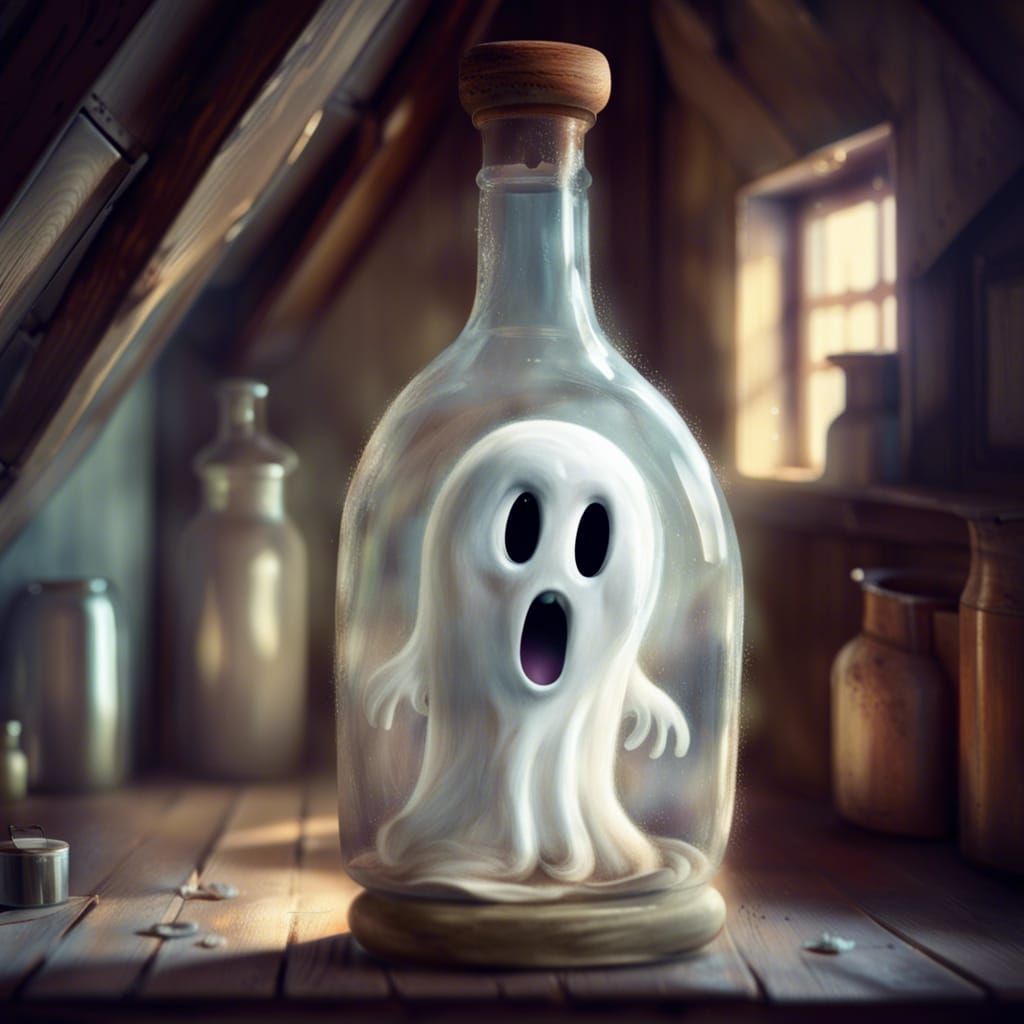 A CUTE GHOST TRAPPED INSIDE A BOTTLE IN AN ATTIC OF OLD MANSION.IMPASTO - AI Generated Artwork ...