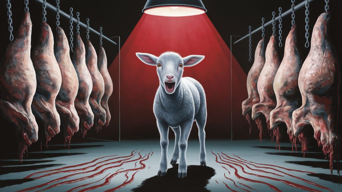 A surprised gray lamb stands in the middle of the slaughterhouse.