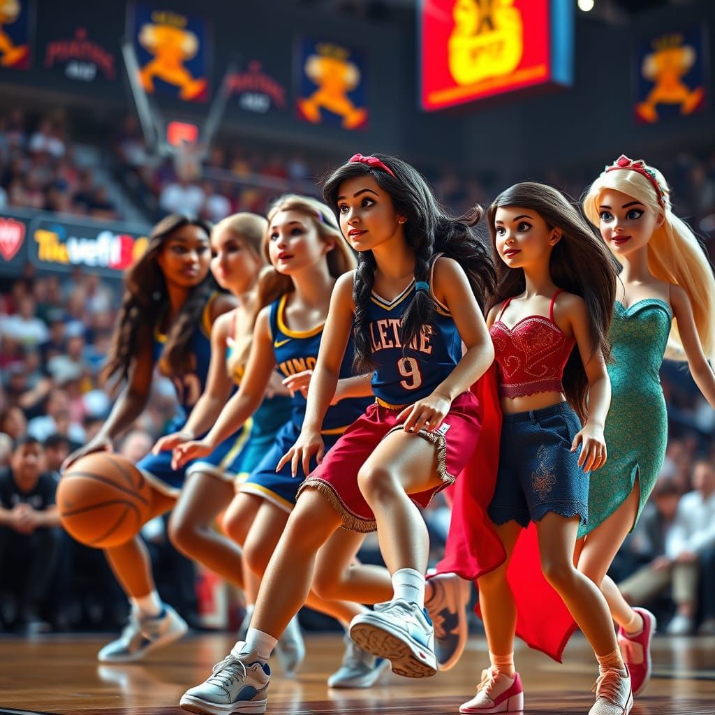Female Disney Princesses and Barbie in Intense Bas... - AI Art