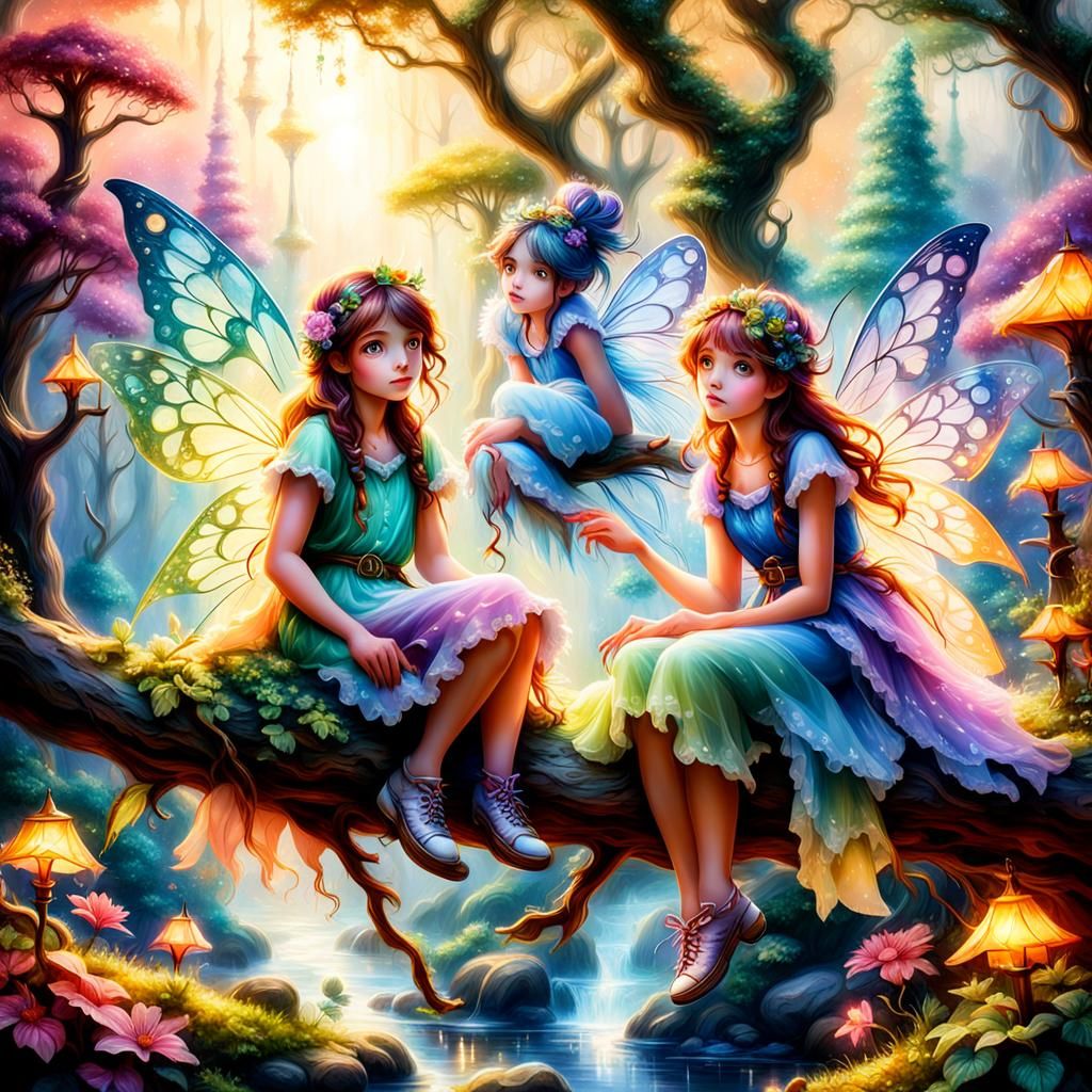 3 cute colorful fairies sitting on a branch. - AI Generated Artwork ...