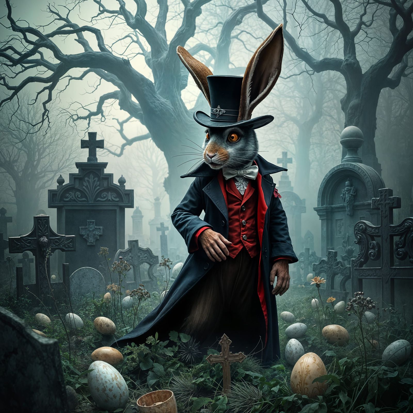 gothic easter bunny hiding easter eggs in a cemetery