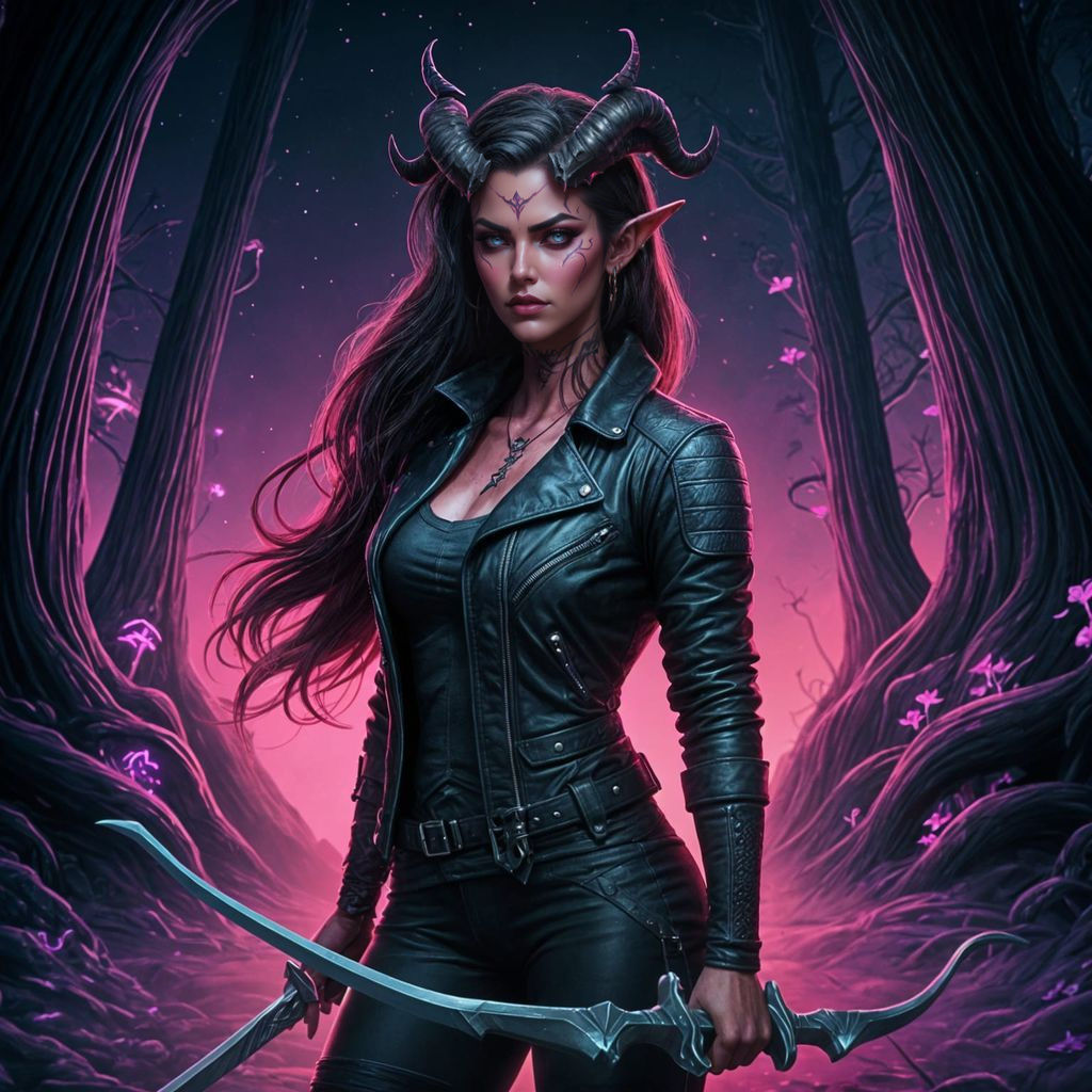 Epic Female Demon Ranger in Neon Synthwave Landsca... - AI Art