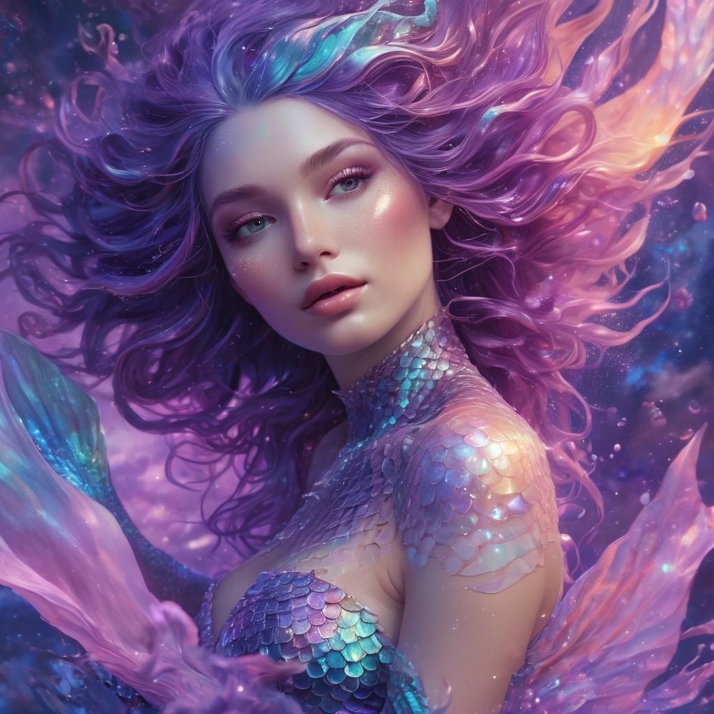 Ethereal Mermaid Portrait in Vibrant Cosmic Scene - AI Art
