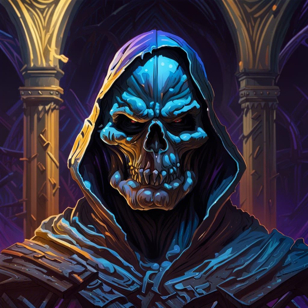 The Evil Skeletor With Yellow Skeleton Face. With Purple Hood and ...