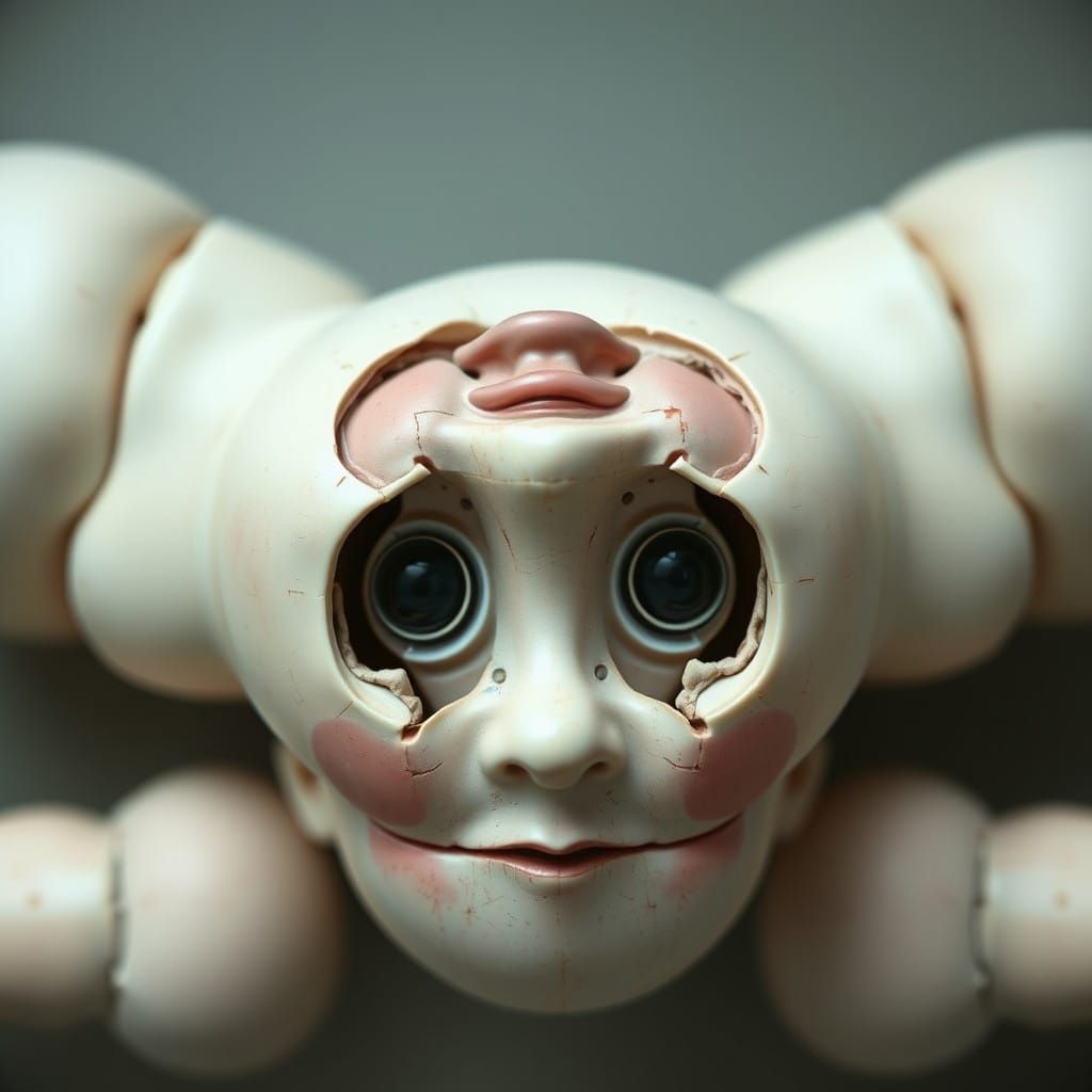 surreal photo, realistic split open dolls hollow internal workings, in ...