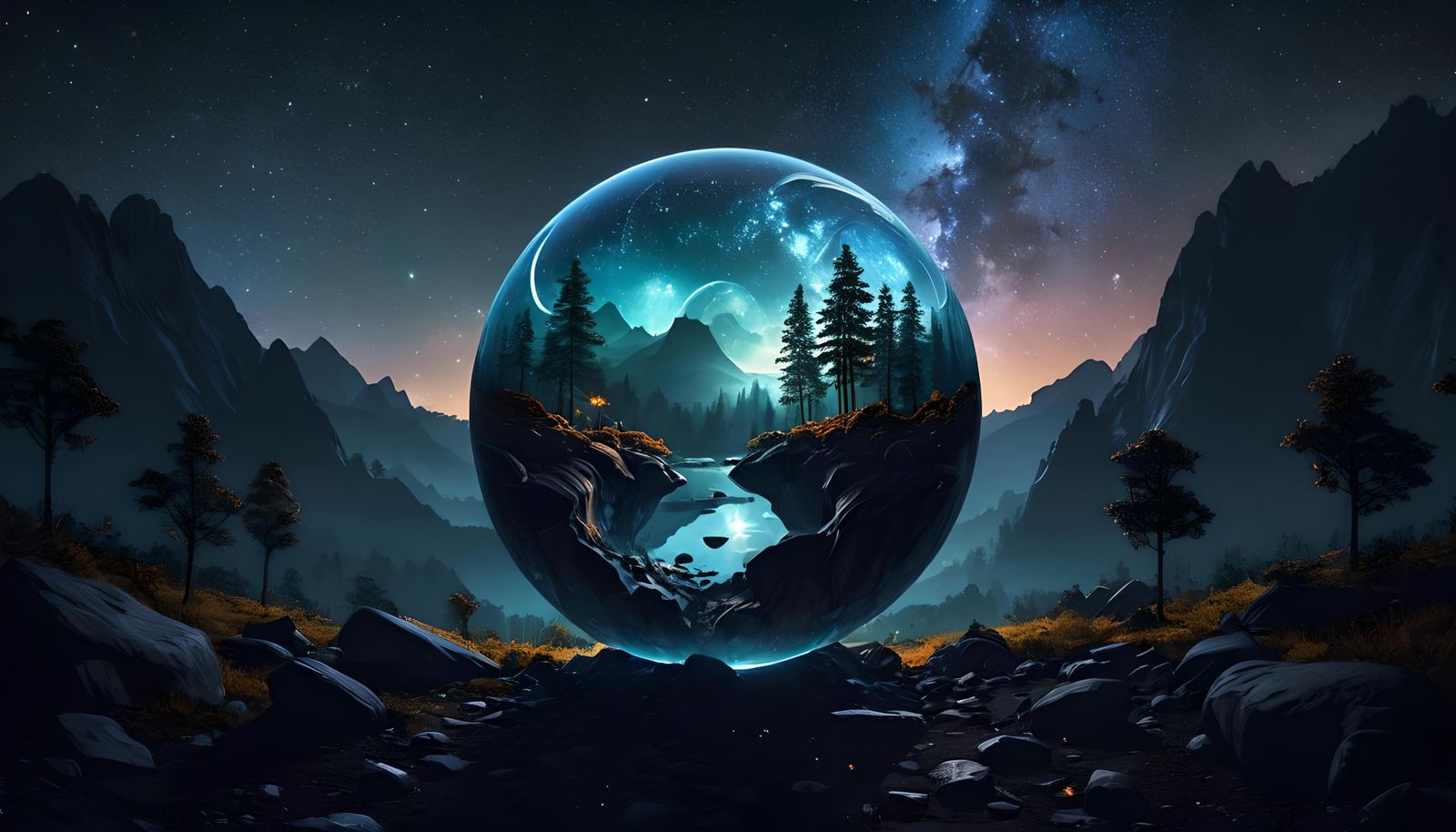 Inverted alternative reality and nature in a hollow sphere behind a ...