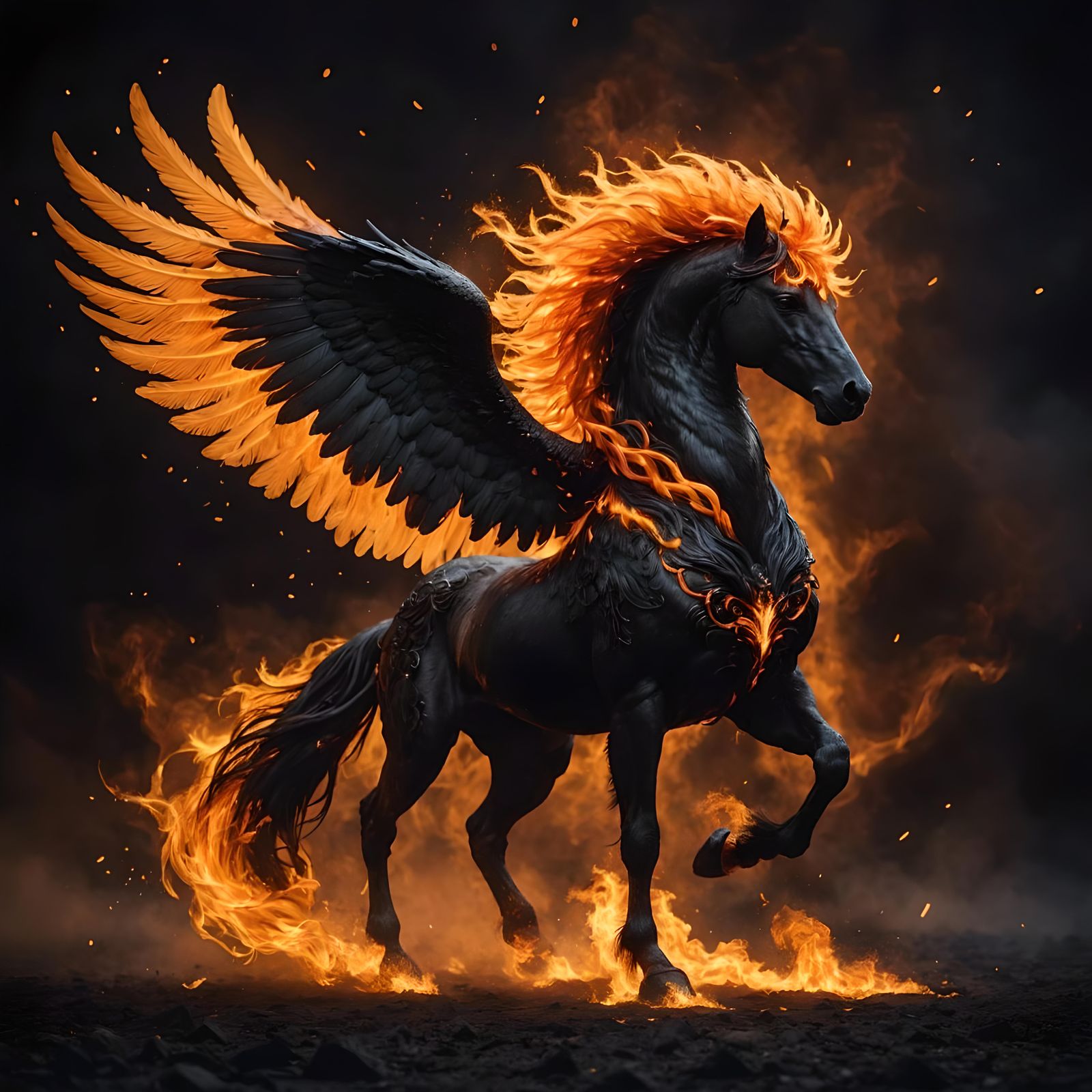 A fiery, magnificent black pegasus - AI Generated Artwork - NightCafe ...