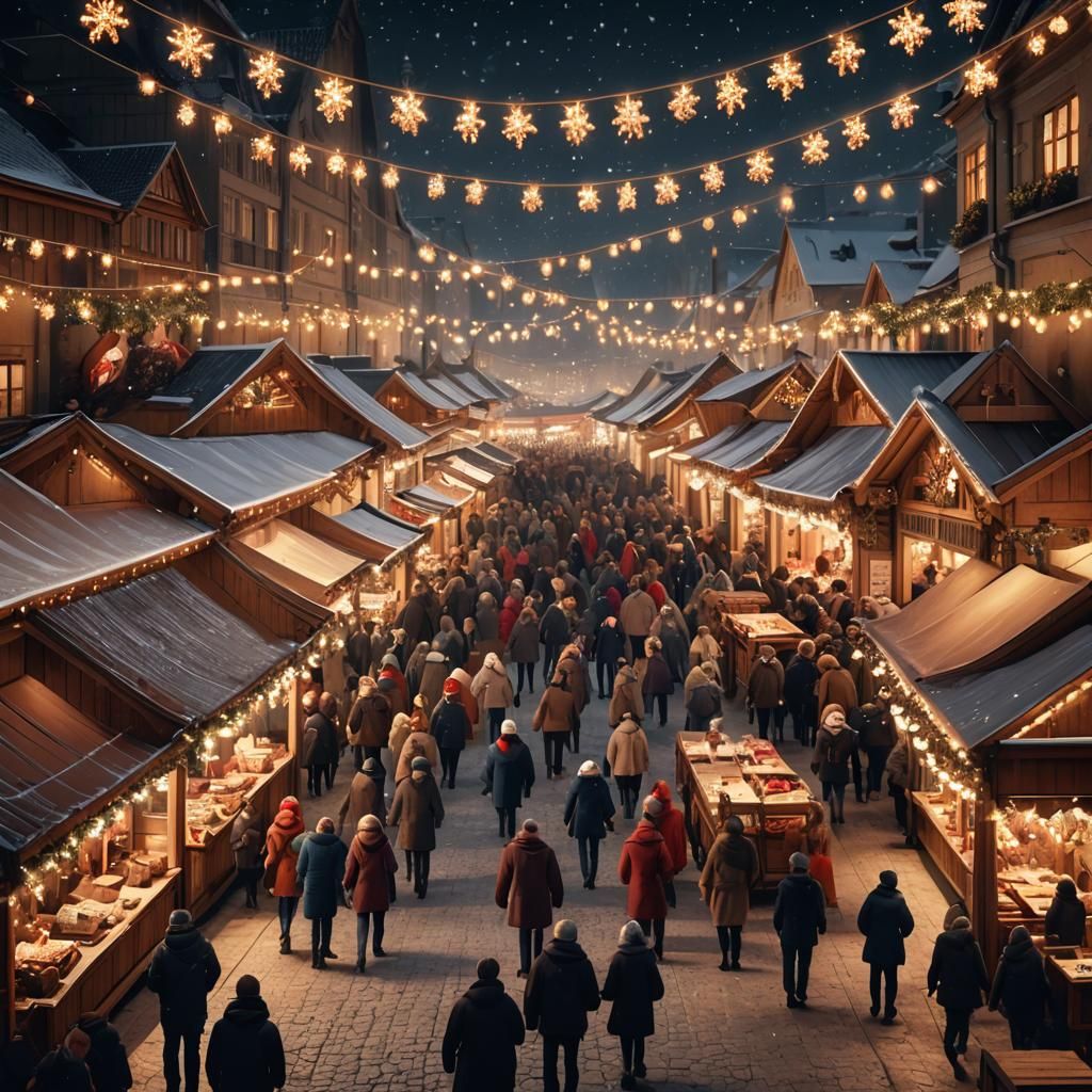 Christmas market with festive stalls and lights, realistic photo style