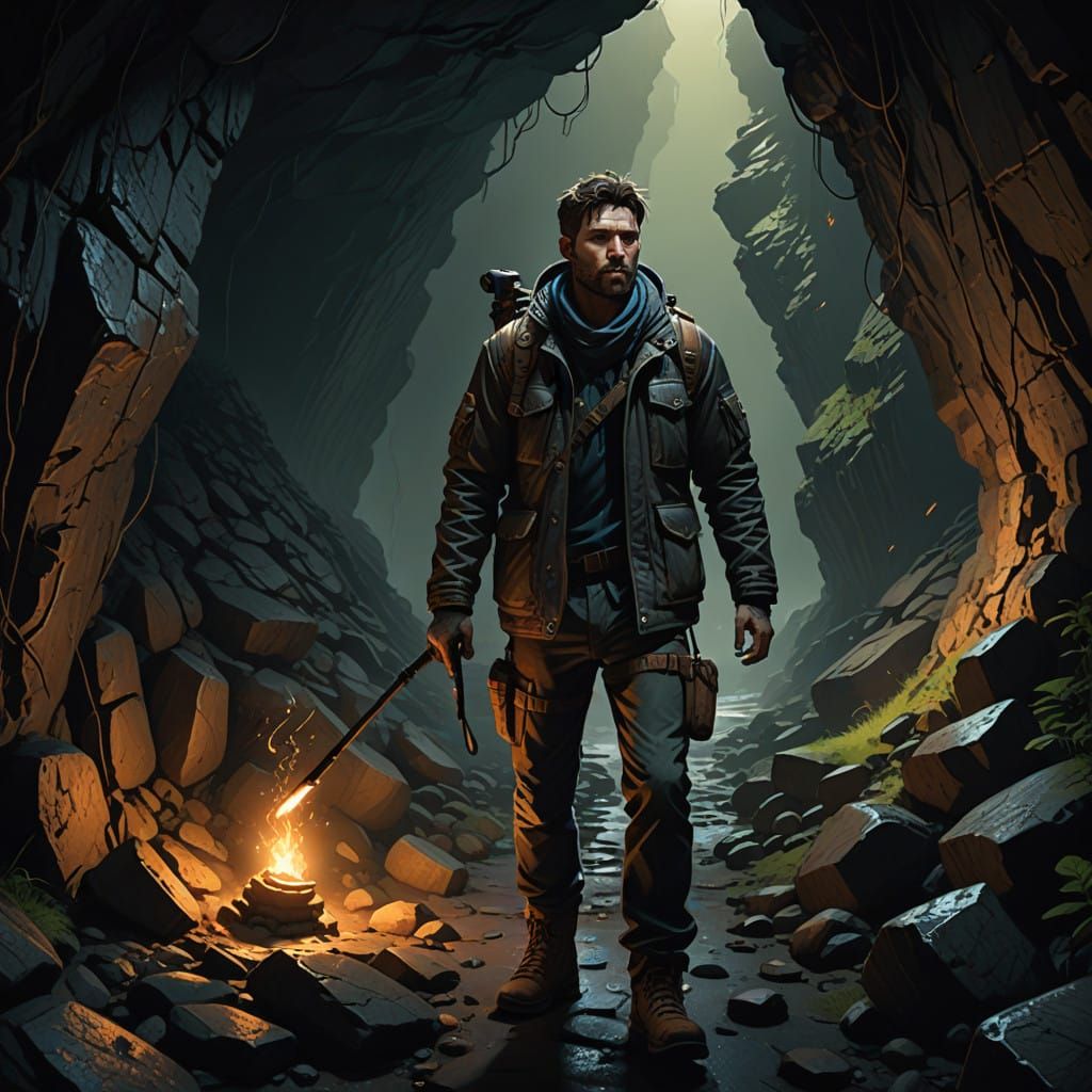 Exploring a dark cave with a torch - Adventurer in a Dark, M...