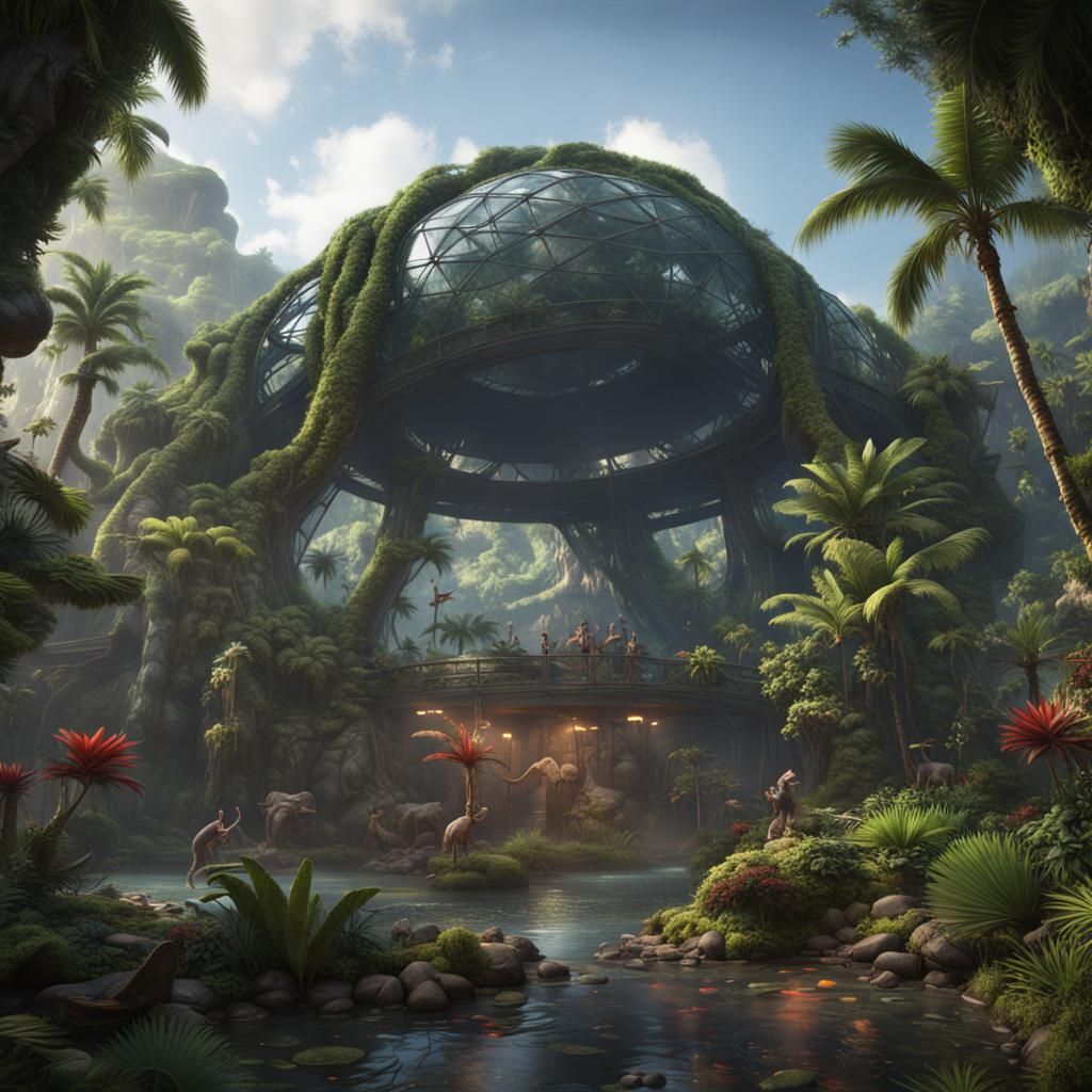 Dinosaurs themed park located in a jungle like biodome detailed matte ...