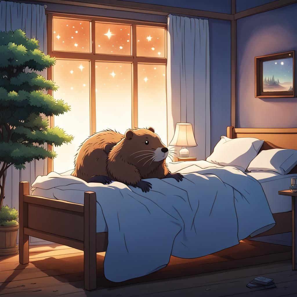 Beaver in bed under stars - AI Generated Artwork - NightCafe Creator
