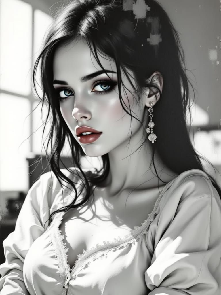 A stunning photo of a beautiful woman with blue eyes, full lips, and dark, luscious long hair ...