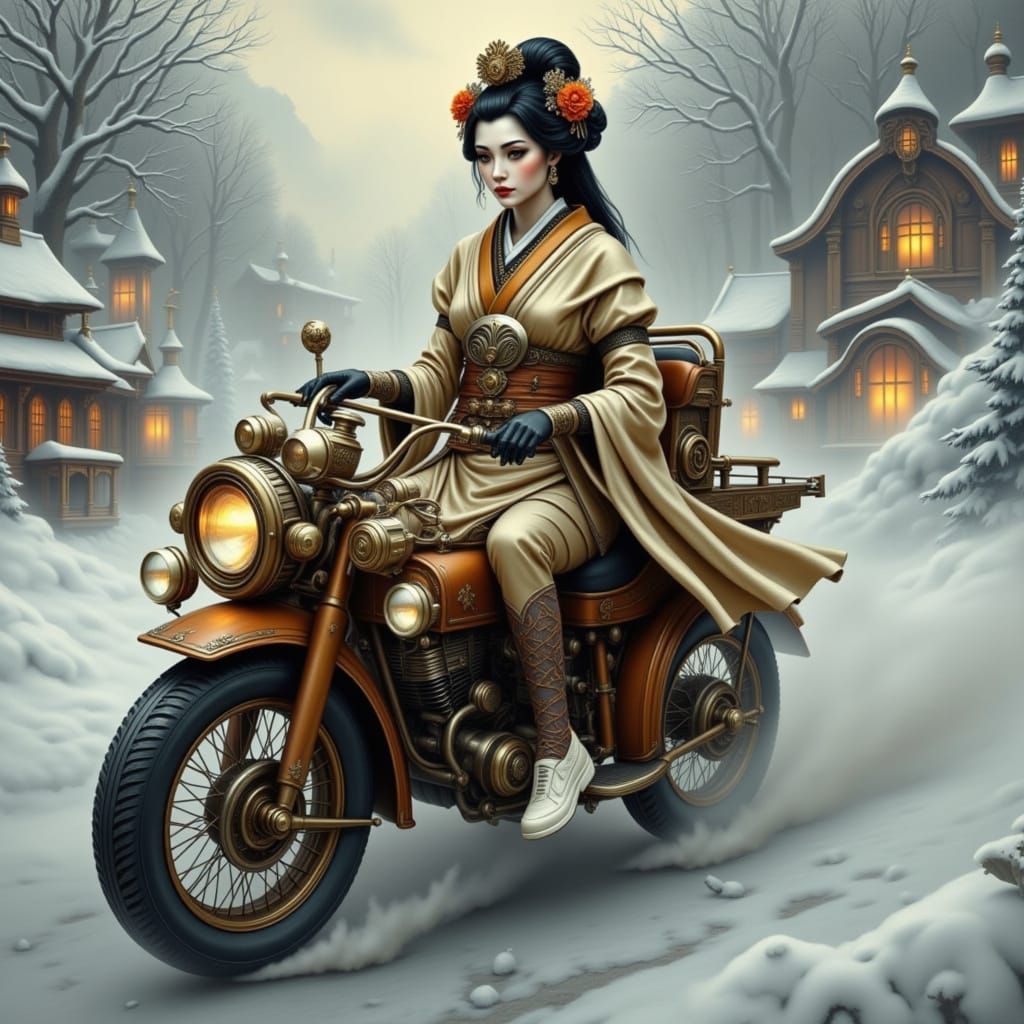 Steampunk Geisha Piloting Flying Car - AI Art