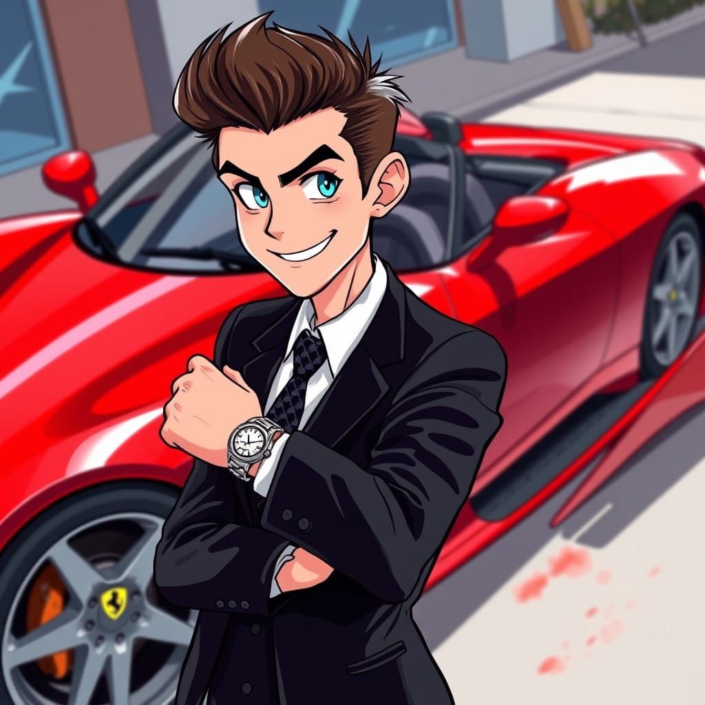 Charming Teen Agent in Black Suit and Ferrari - AI Art
