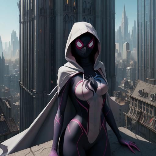 Spider-Gwen, with hood and mask, as a colossal giant woman, in a city ...