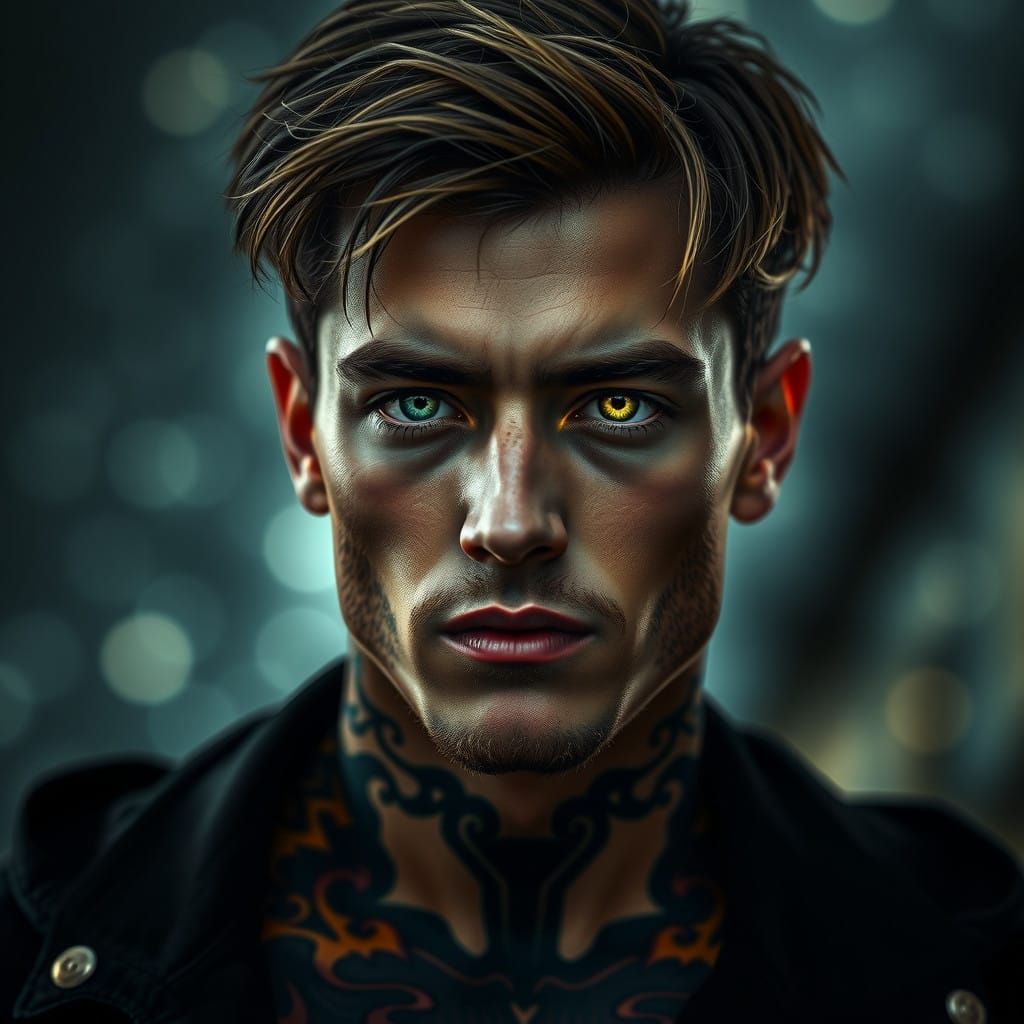 Ethereal Man with Chiseled Jaw and Mystical Tattoo... - AI Art