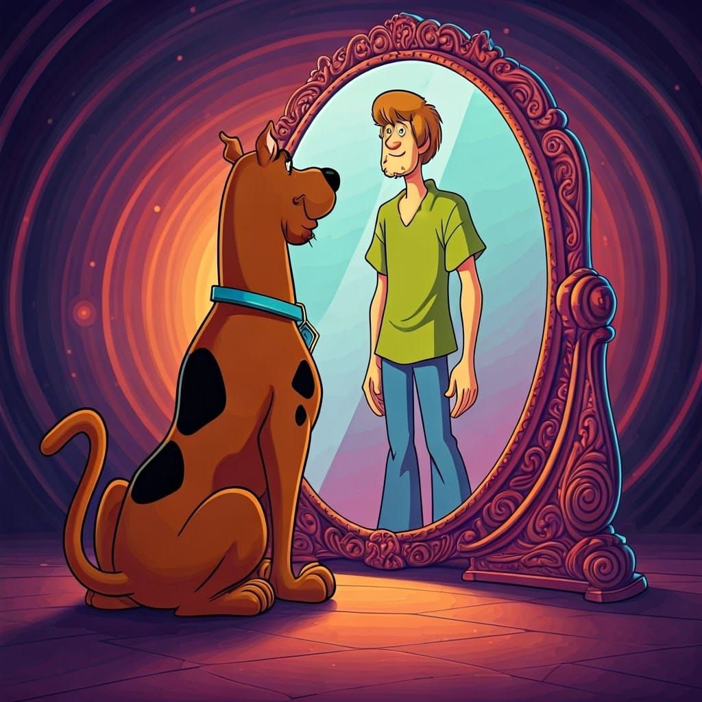 Scooby Doo staring into a crystal mirror the image of Shaggy staring ...