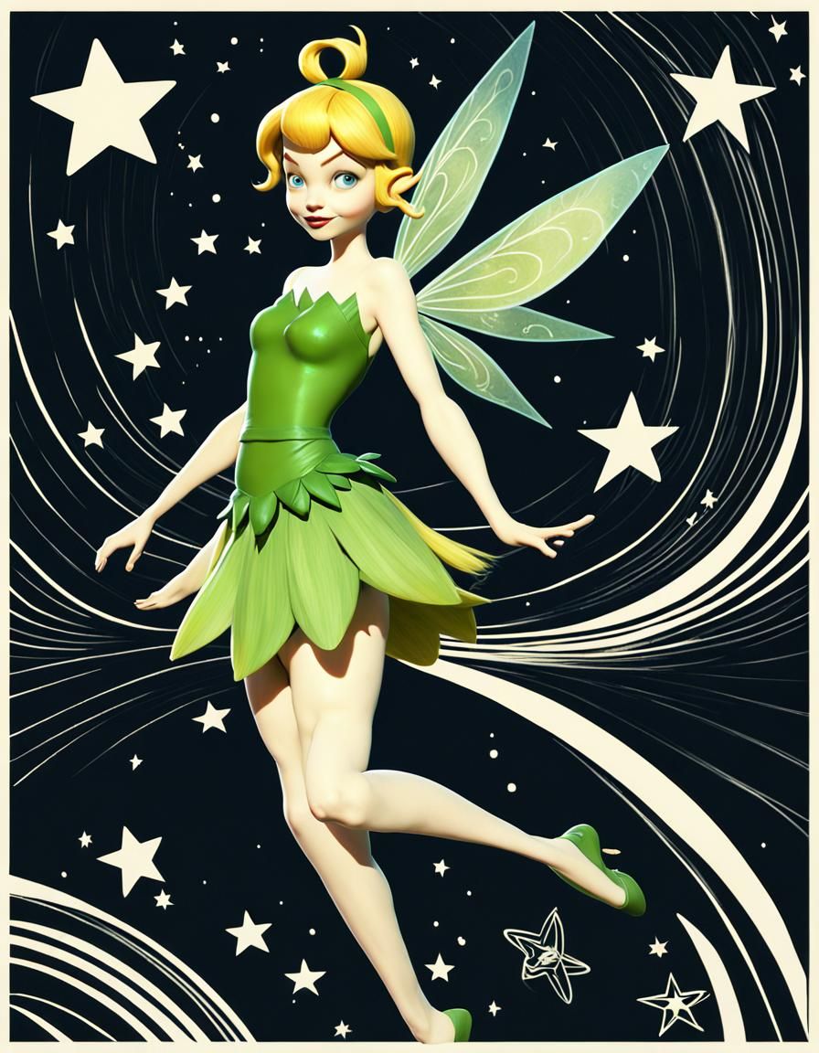 stylized Tinkerbell and stars, video game 3D render , digital art by Gil Elvgren, Alex Ross and ...