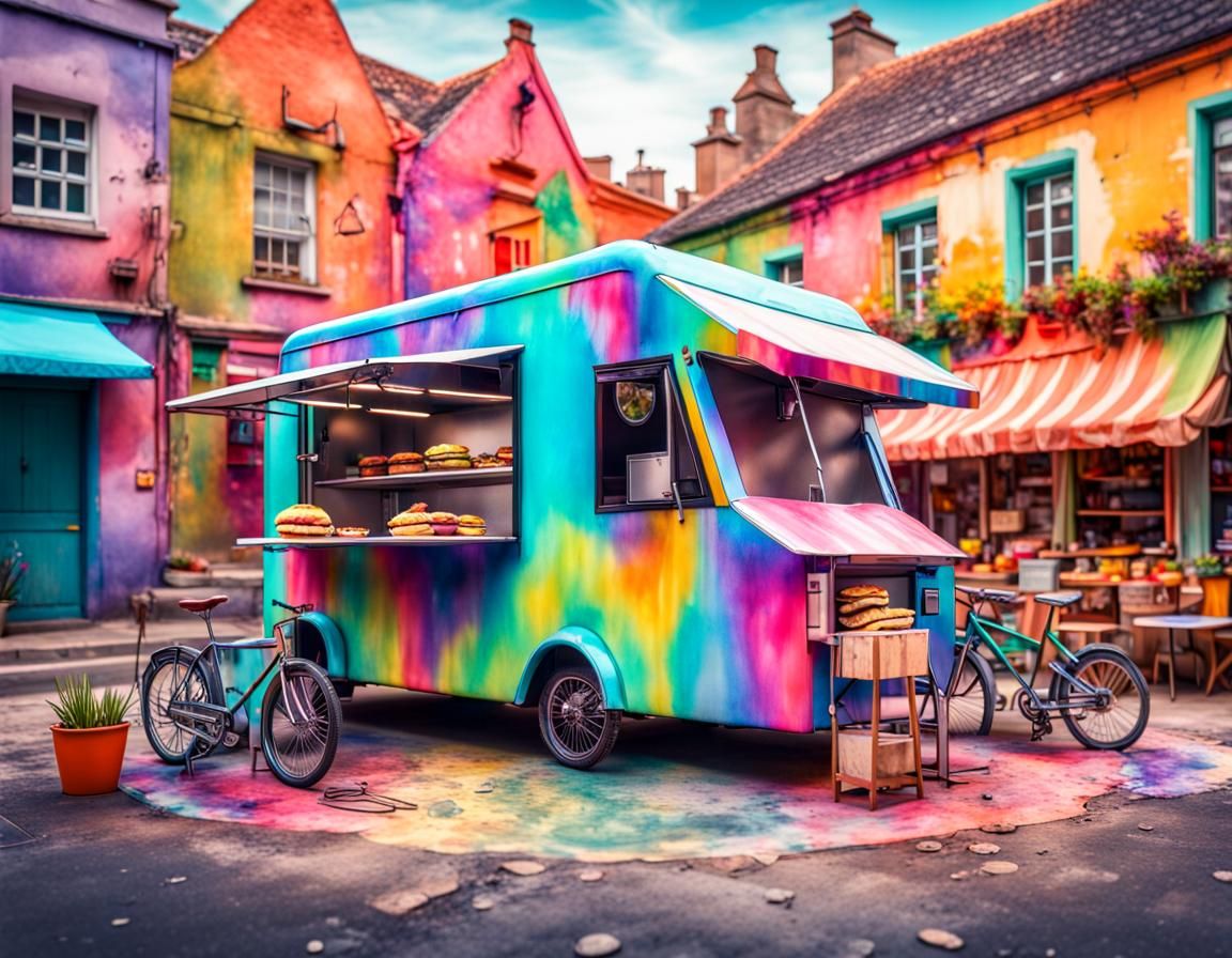 A futuristic 3d food truck standing by 3d weird aliens at the ...