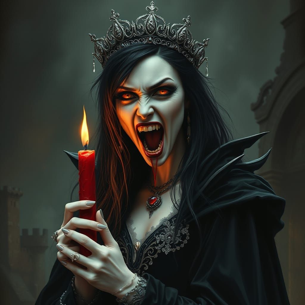 Dark Vampire Queen in Rage with Crown and Candle - AI Art