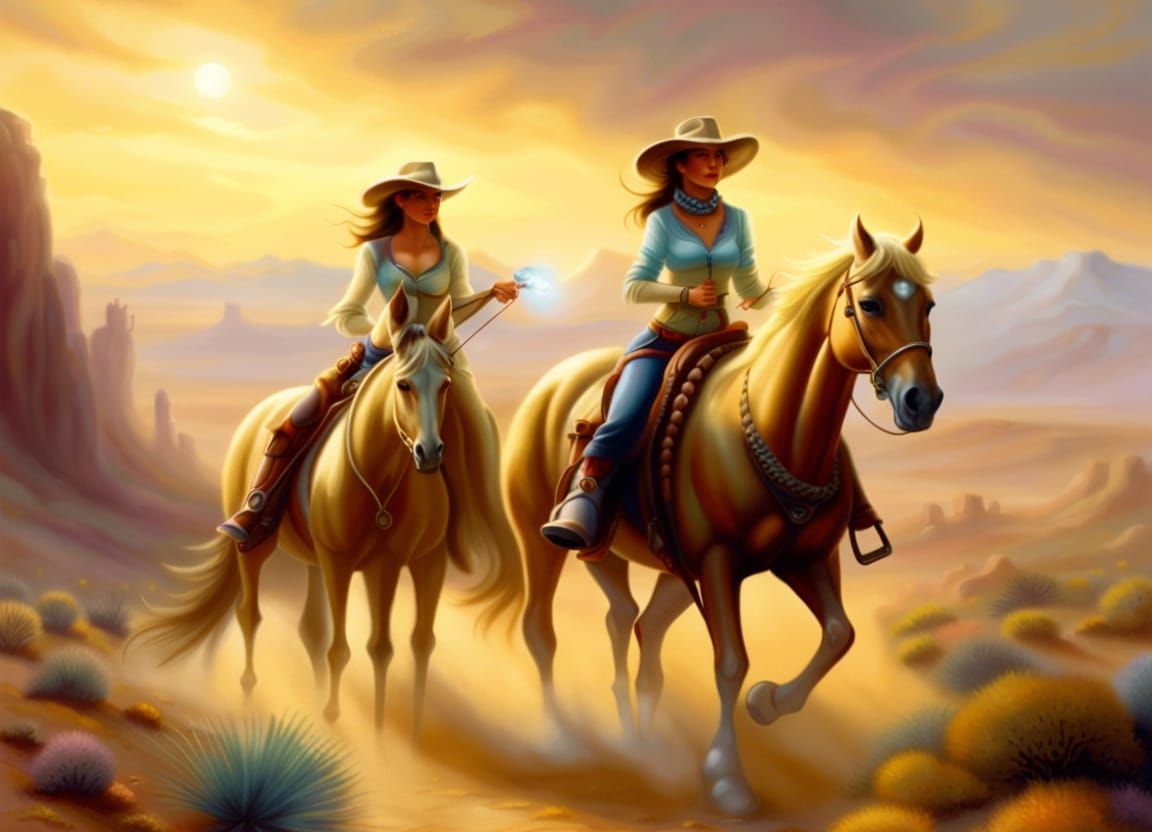 A futuristic cowgirl and a cowboy riding beautiful horses through the ...