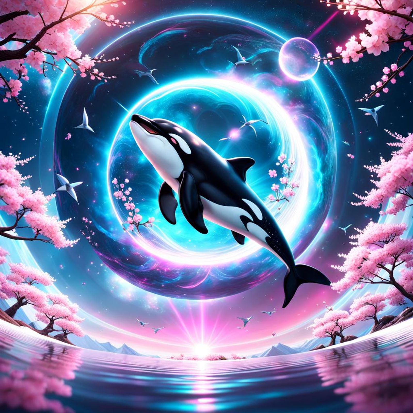 A Serene Orca Floating in Space, with Cosmic Cherry Blossoms Swirling ...