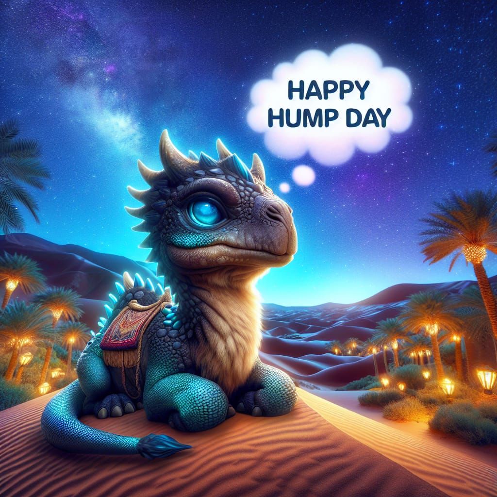 A cute Camel Dragon Hybrid, in a Desert oasis at night, with stars in ...