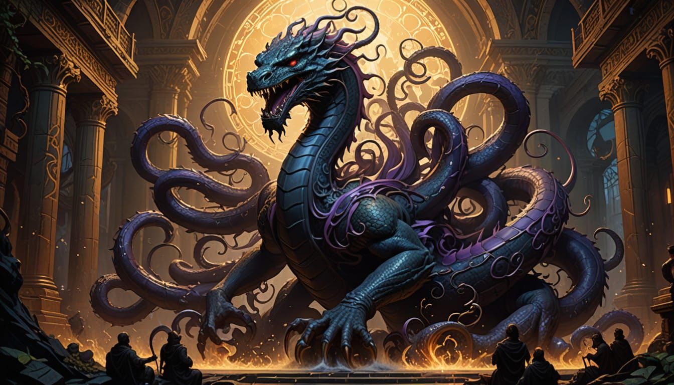 Dark Fantasy Hydra Emerges from Shadows in Ancient... - AI Art