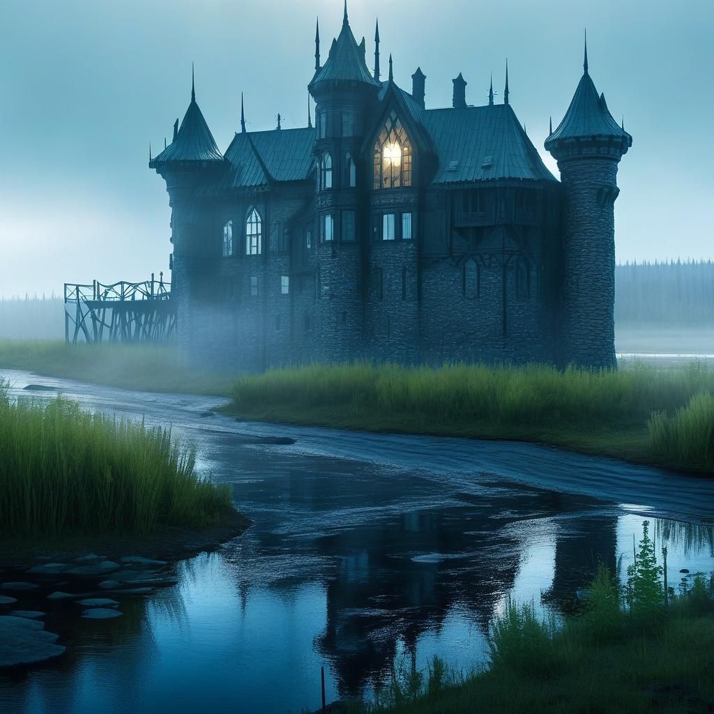 Iron castle in tundra. Misty morning. River. sunshine rays gothic art ...
