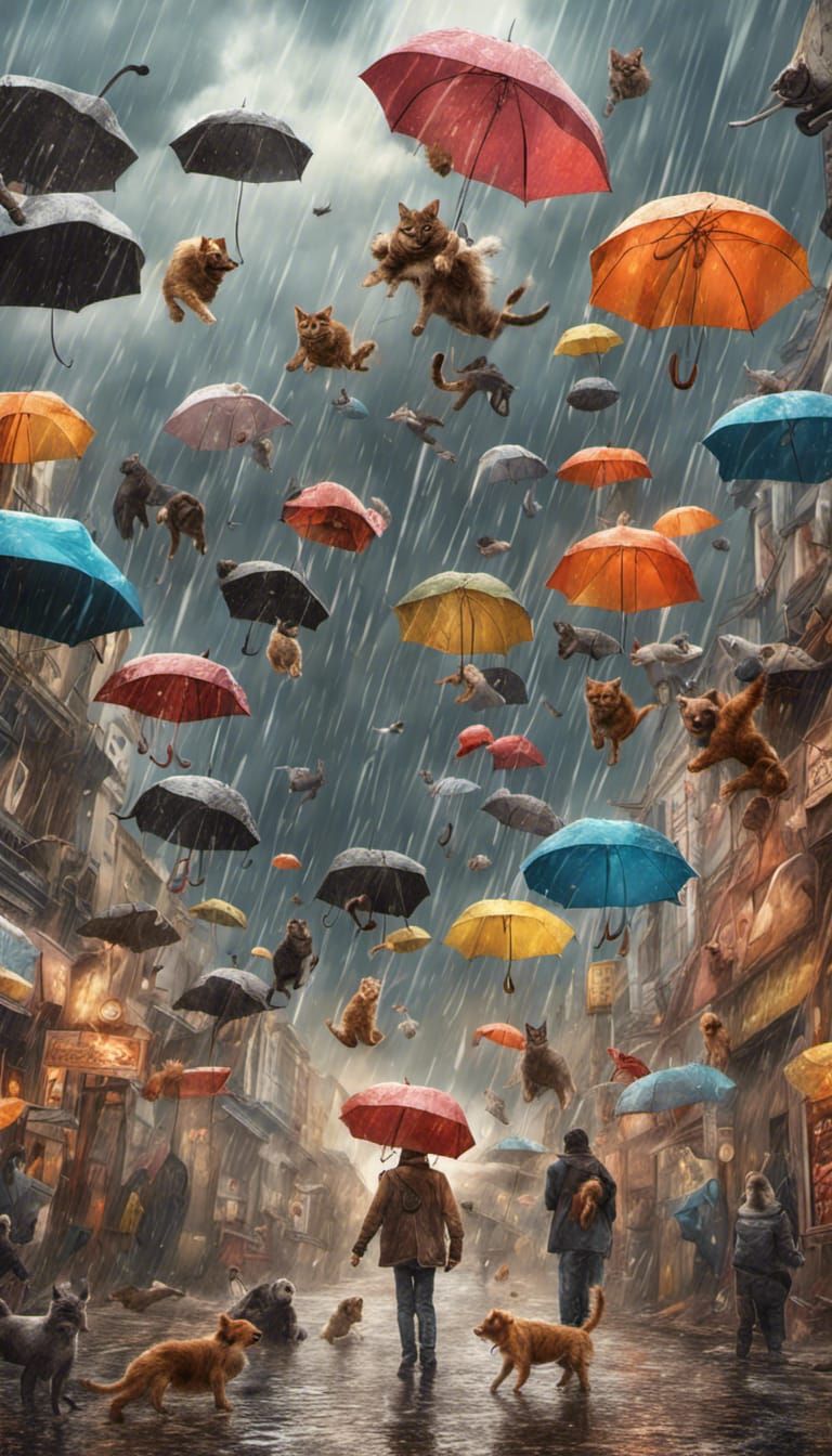 It's raining cats and dogs falling from the sky photorealistic ...