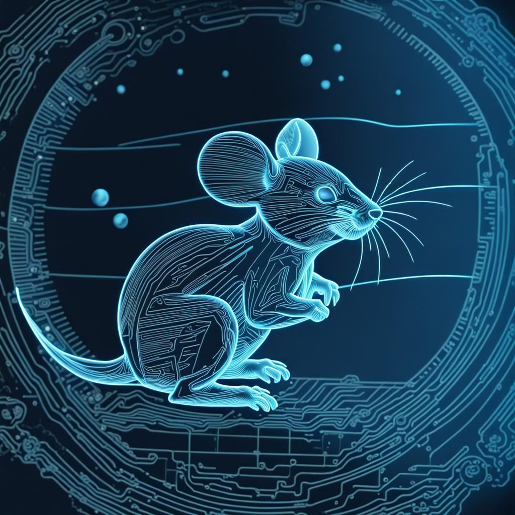 Hologram of neon mouse on translucent moon surface in a dark background ...