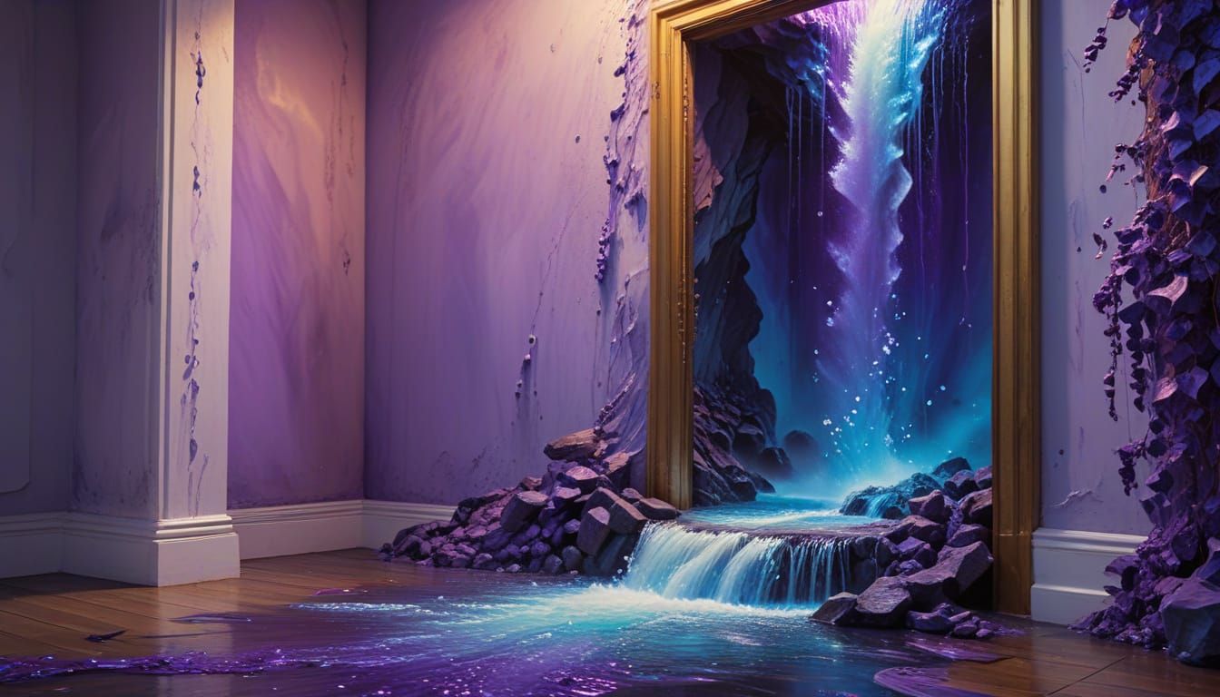 overflow ! - Dreamlike Waterfall Scene in Surrealist Oil Pai...