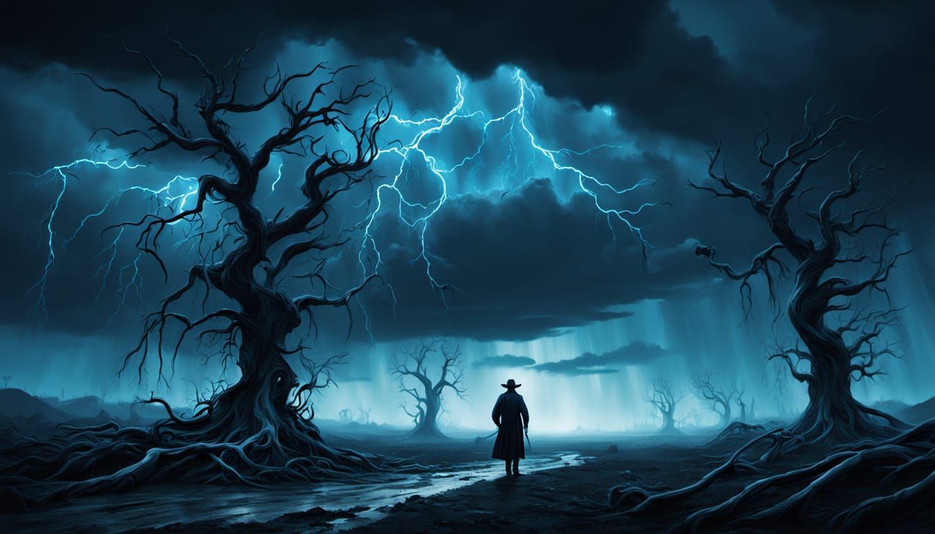 Spectral Cowboy Rides Skeletal Steed Through Storm... - AI Art