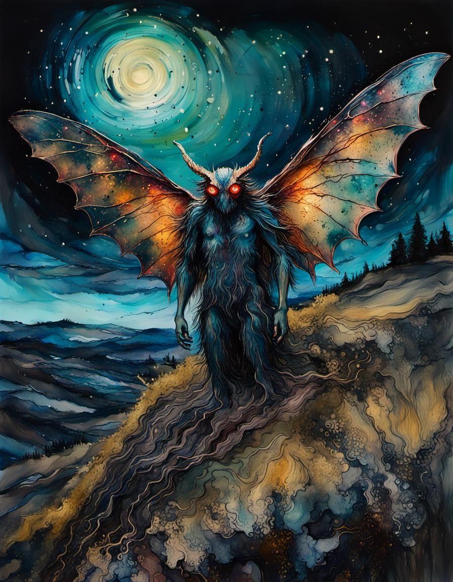 Night with stars, mothman on a hillside. Dark landscape alcohol ink ...