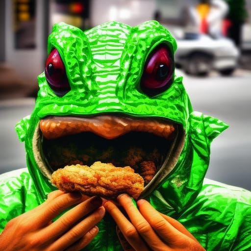 Hooded green alien creature eating a kfc intricate details, HDR ...
