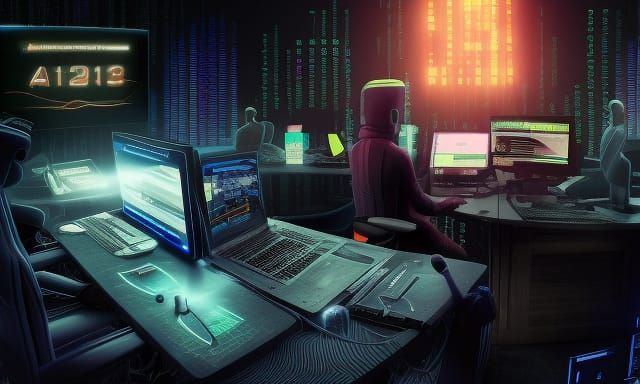 Hacker behind the desk with monitors is hacking into enterprise AI ...
