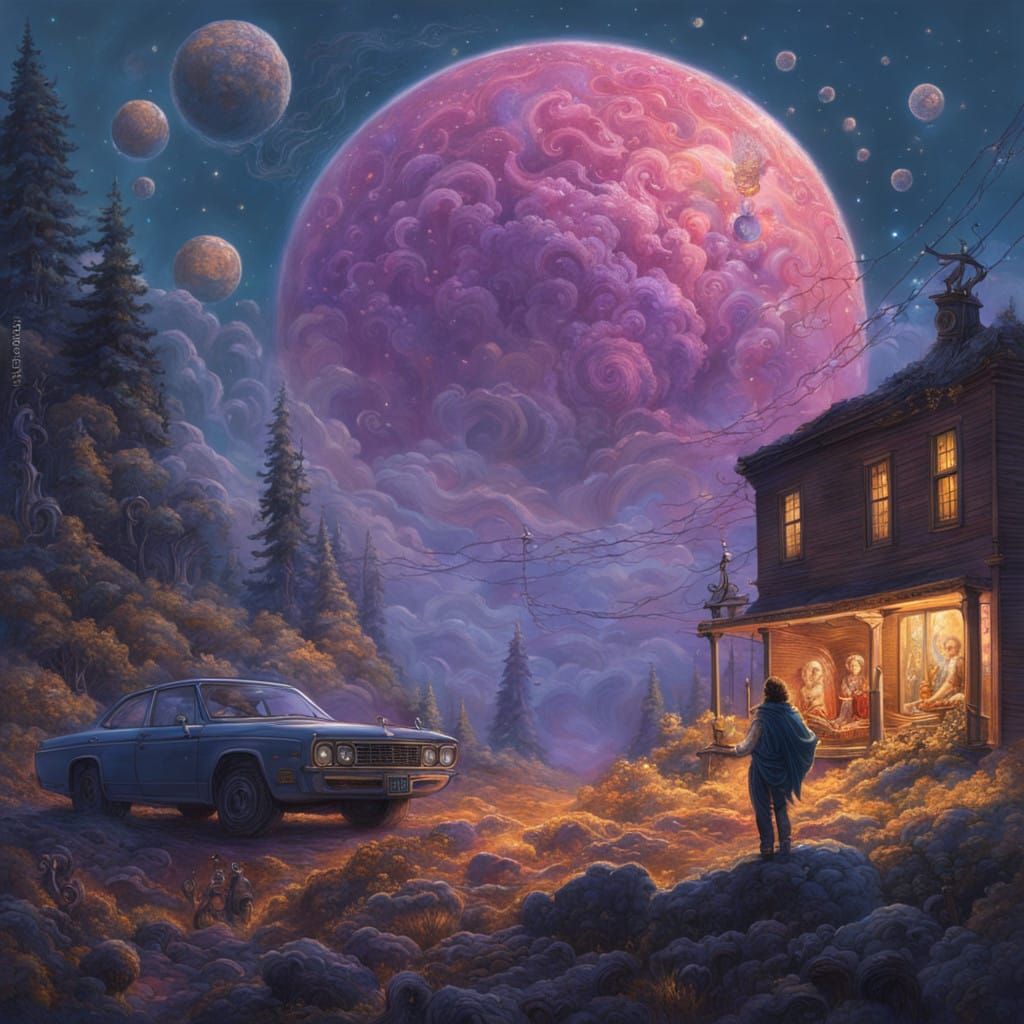 Kronos, the God of Time, stands high in the heavens holding a giant ...