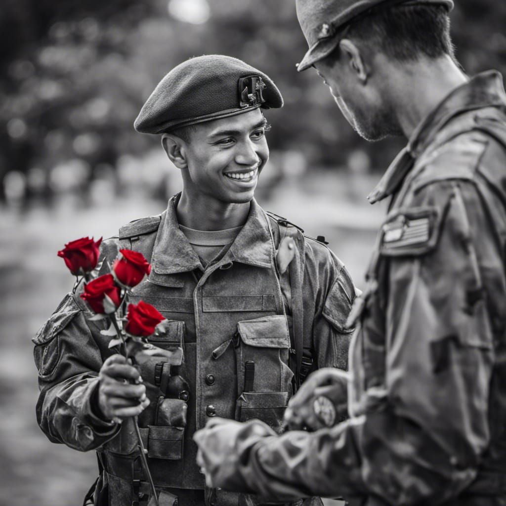 soldiers armed with roses in peace sign - AI Generated Artwork ...