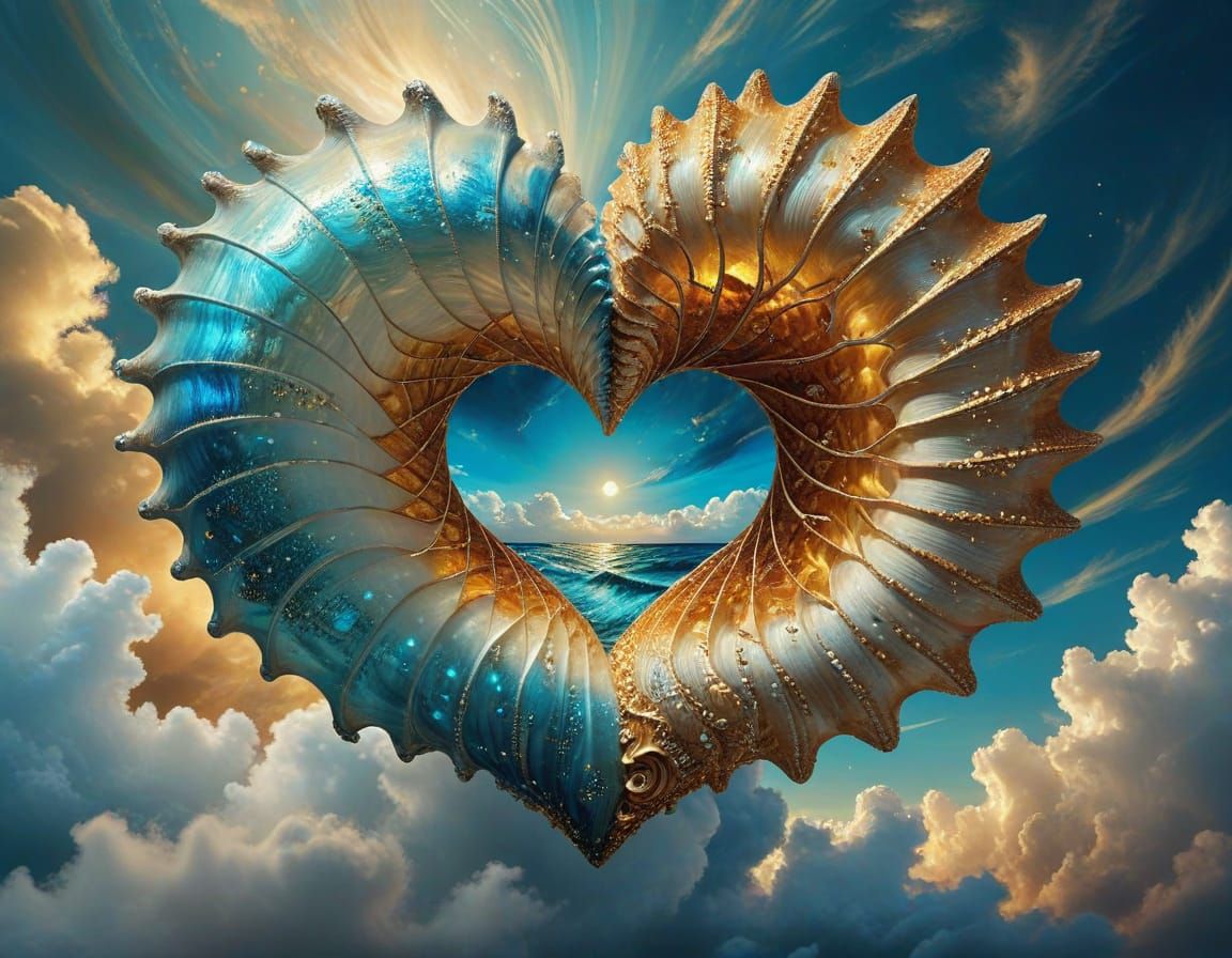 Seashell Heart 1 - Whimsical Seashell Heart in Vibrant Surre...