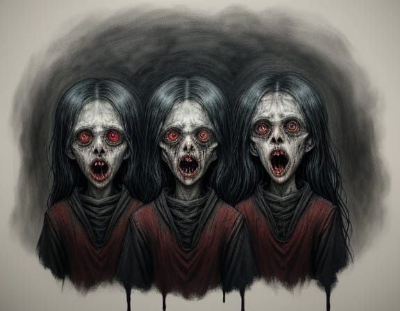 Kids with horrific faces,, unnatural big screaming mouths and dead eyes