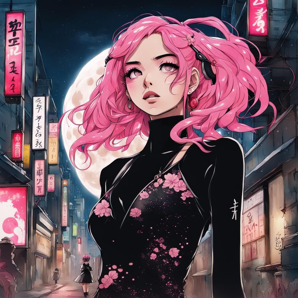 Anime woman with neon pink hair and eyeliner, wearing a black dress in ...