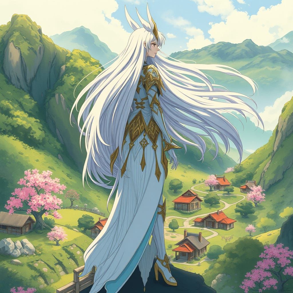 Protector of the Village - Serene Anime Goddess Watches Over...