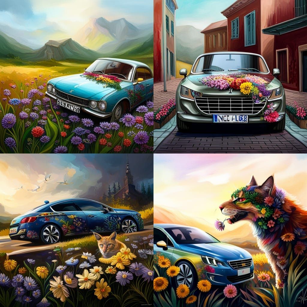 Abandoned peugeot 508 car. Covered with punk,yellow, purple, red and ...