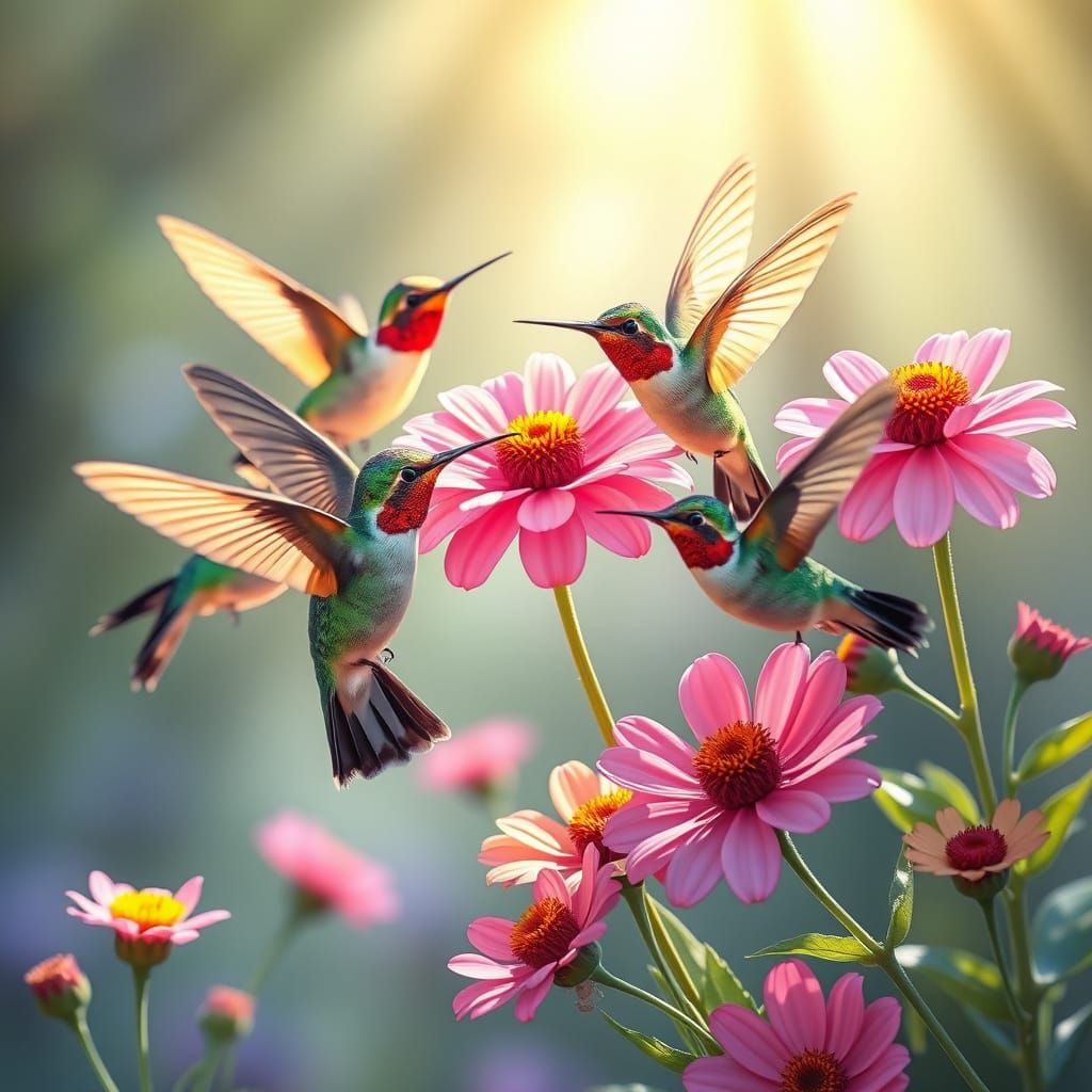 Four hummingbirds dancing among colorfull new flowers in a ray of light.