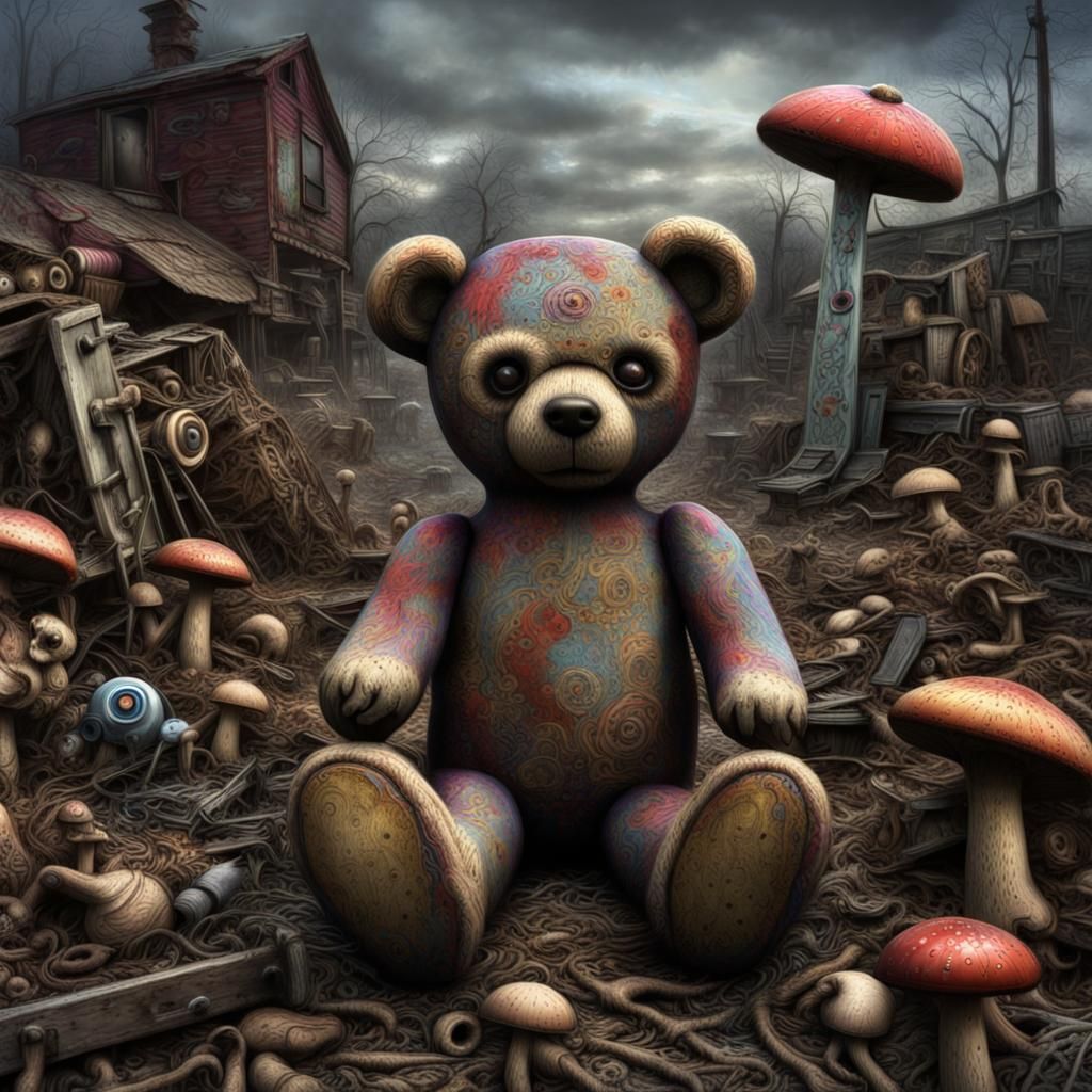 Zombie teddy bear, junkyard, psychedelic mushrooms, strange, vivid ...