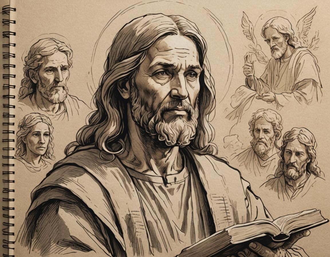 Sketch of the Bible, expressive line-work, in the style of beautiful ...